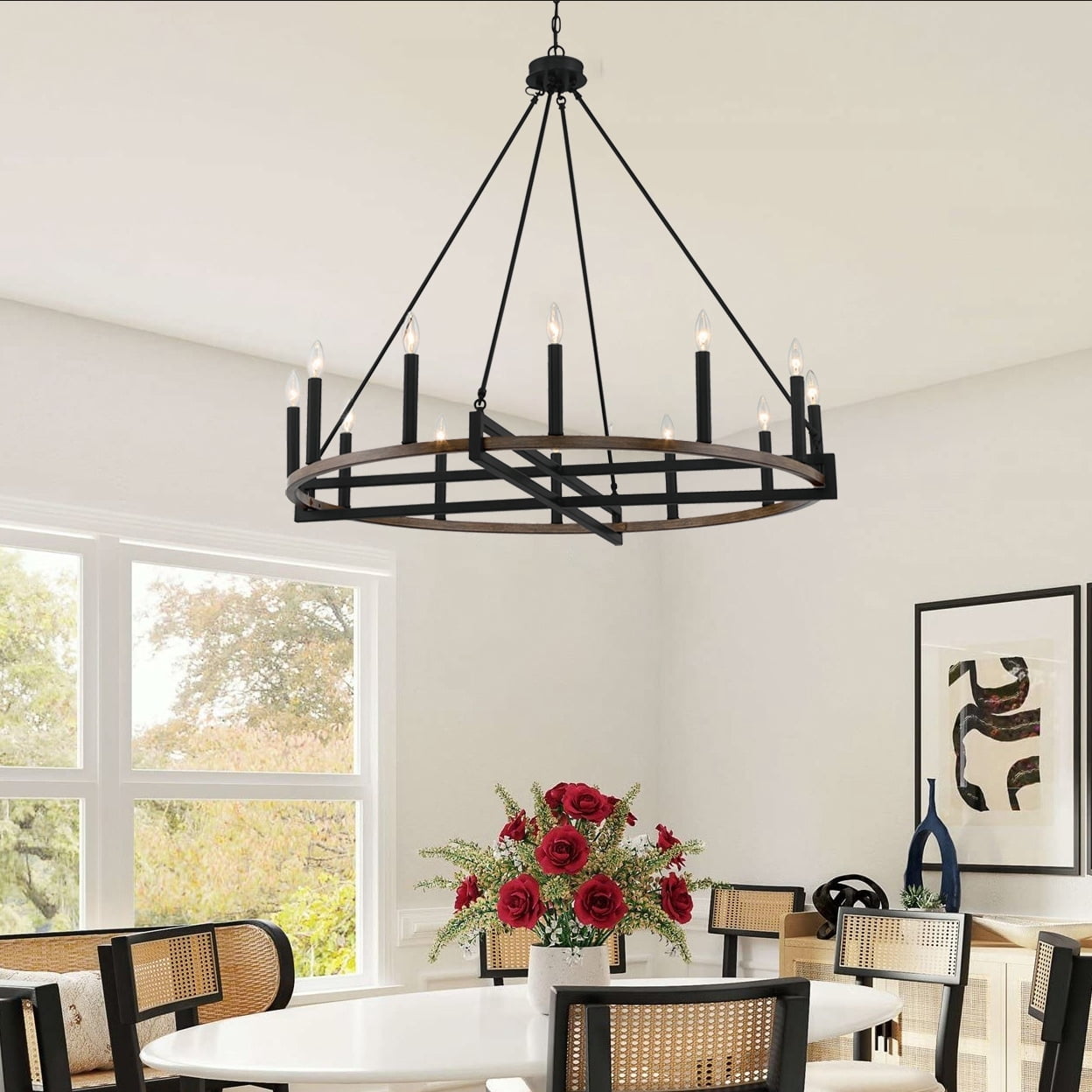 ACROMA 12-light 41In Farmhouse Black Geometric Wheel Chandelier ...