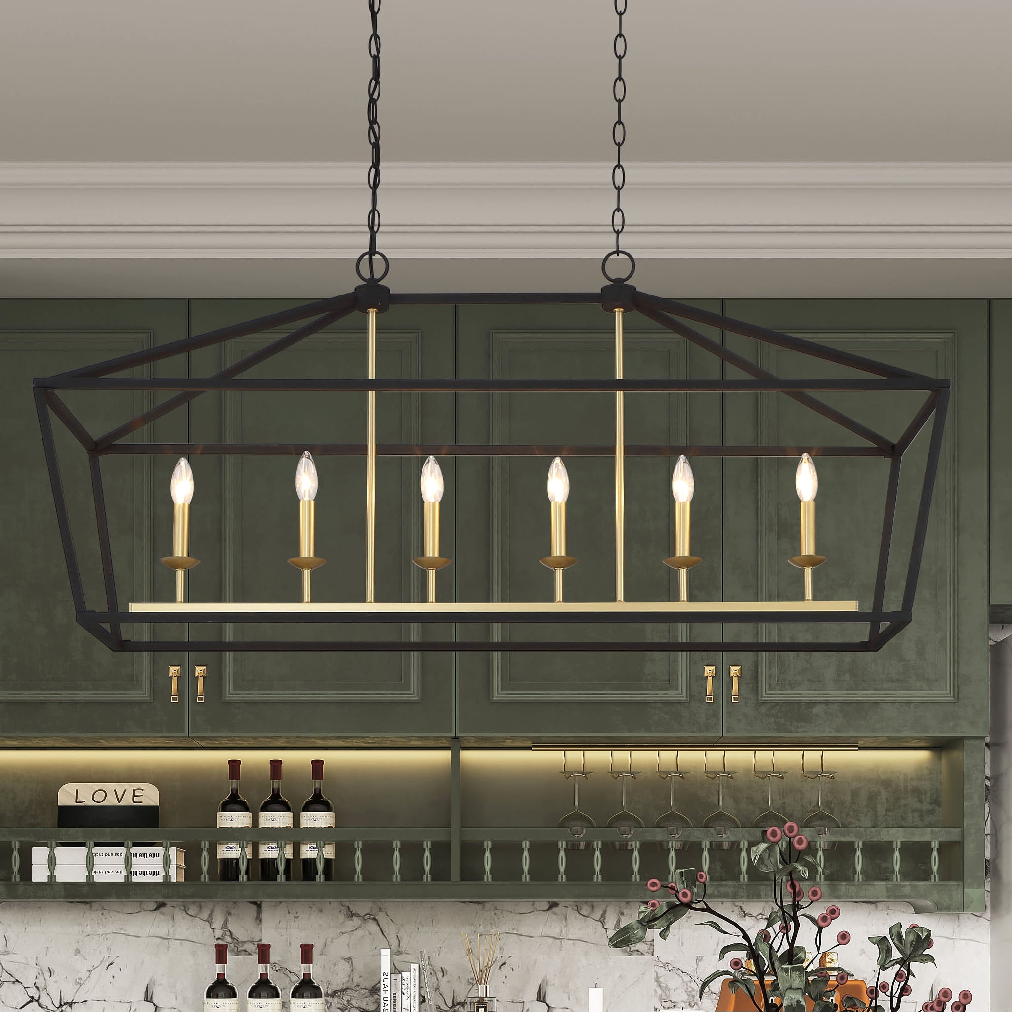 ACROMA 6-Light Black/ Gold Kitchen Island Rectangle Linear Chandelier ...