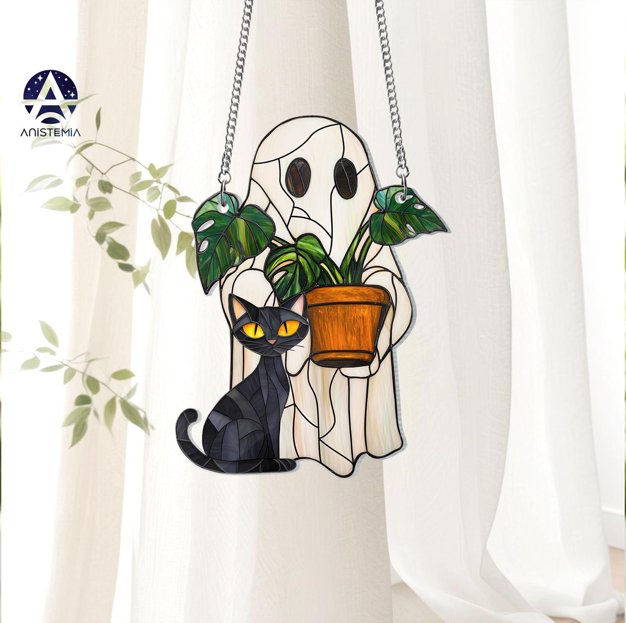 ACRYLIC Cute Ghost Plant and Black Cat Suncatcher, Ghost and Monstera ...
