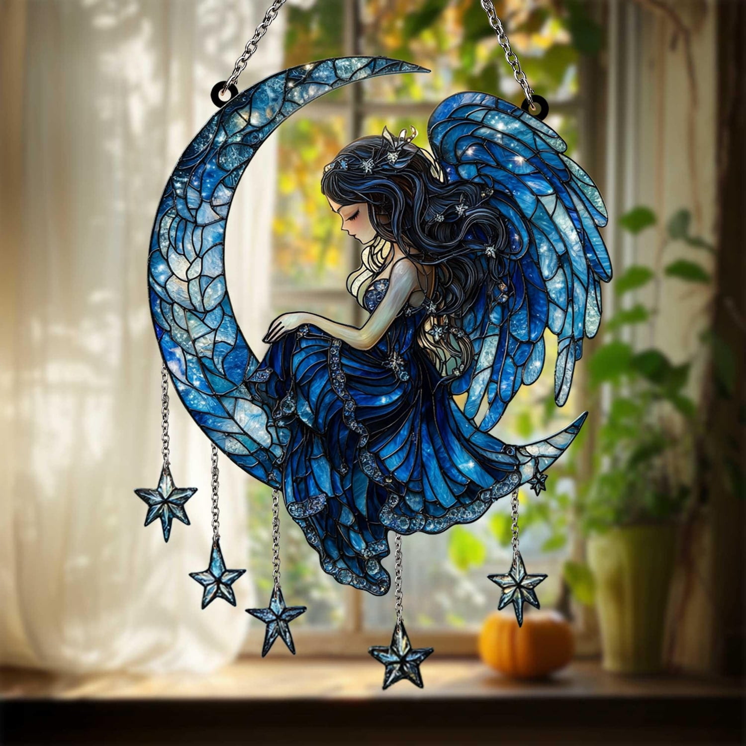 ACRYLIC Enchanted Crescent Moon Fairy Suncatcher, Midnight Blue Angel ...