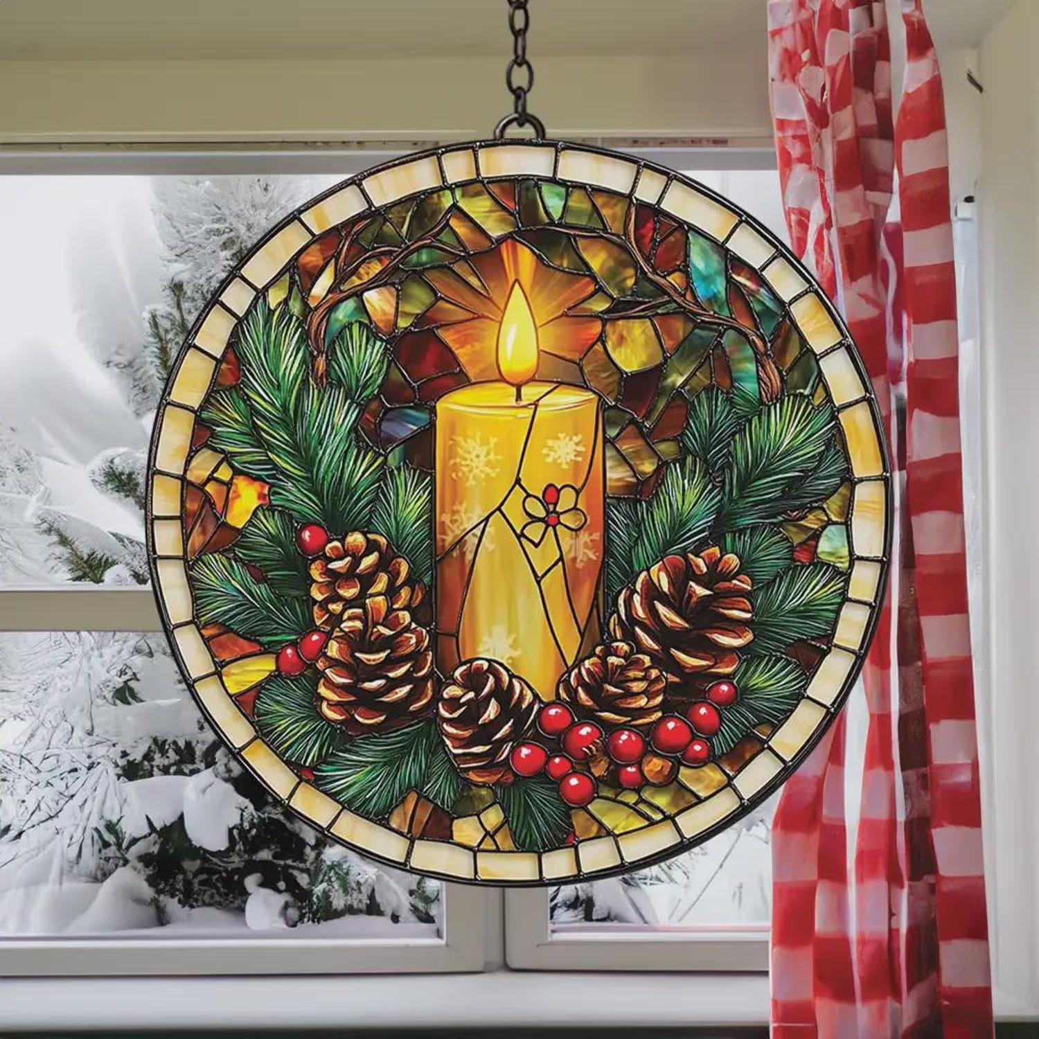 ACRYLIC Faux Stained Glass Candle Ornament Suncatcher, Christmas Window ...