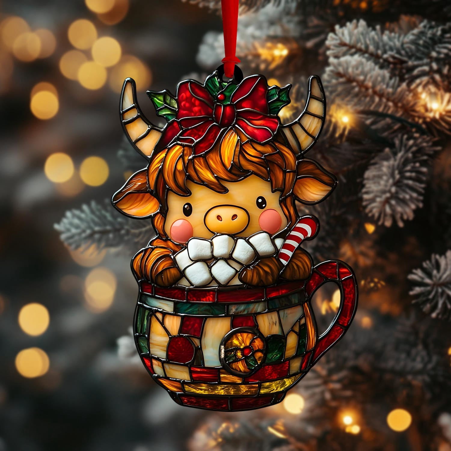 ACRYLIC Highland Cow Christmas Mug Suncatcher Ornament – Hot Cocoa Cup ...