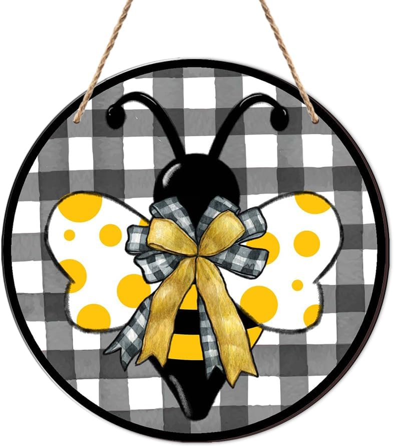 Bee Happy Door Sign Bee Welcome Wooden Sign Rustic Plaids Farmhouse Bee ...