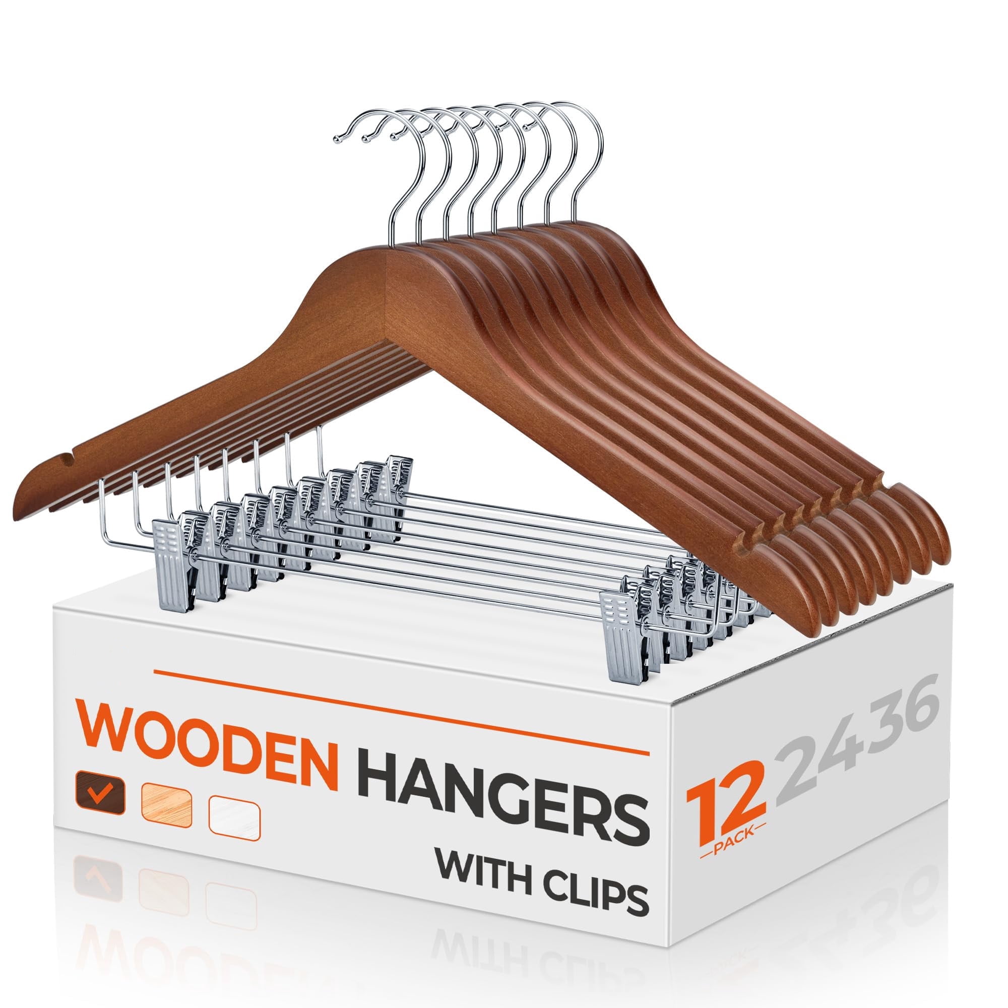 ACSTEP 12 Pack Heavy Duty Wooden Clothes Hangers with Metal Clips ...