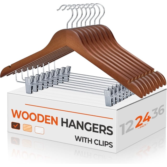 ACSTEP 12 Pack Heavy Duty Wooden Clothes Hangers with Metal Clips ...