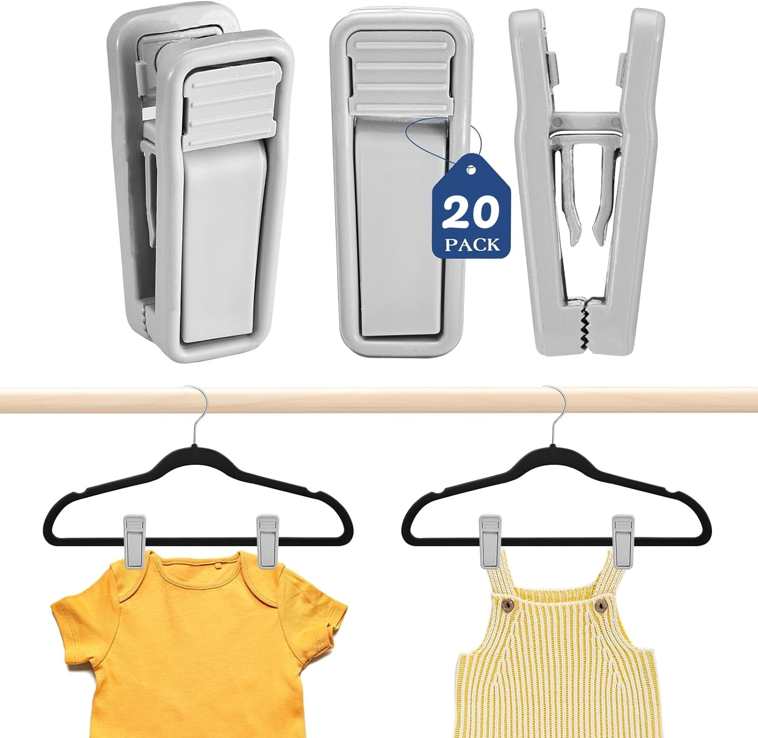 ACSTEP Plastic Finger Clips for Slimline Clothes Hangers, Gray, 20 Pack ...