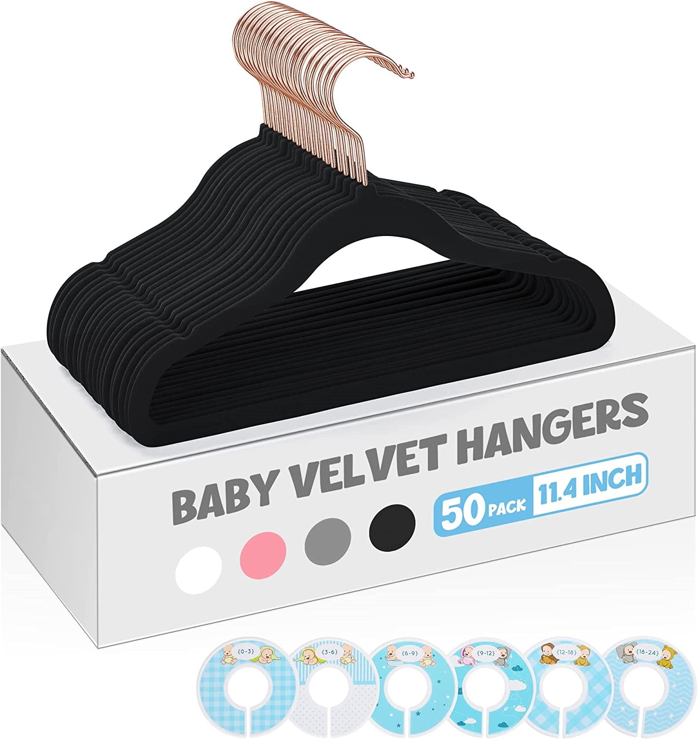 ACSTEP 50 Pack Infant Hangers, 11.4 Inch with 6 Closet Dividers, Black ...