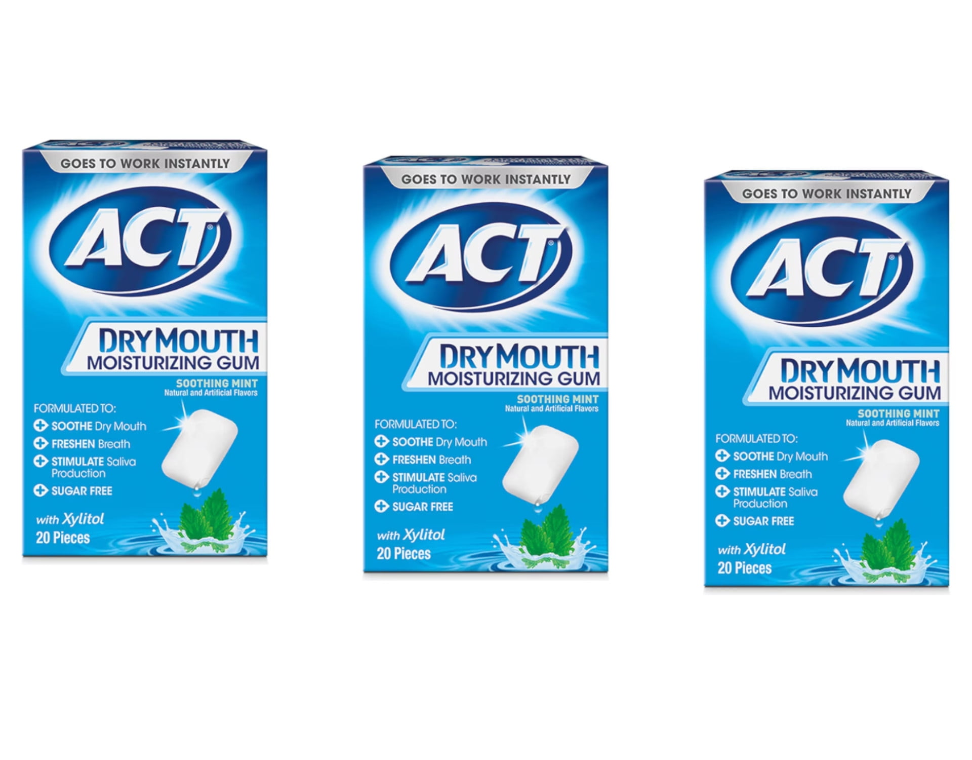 ACT Dry Mouth Gum, Soothing Mint, 20 Pieces per Pack, Pack of 3 ...