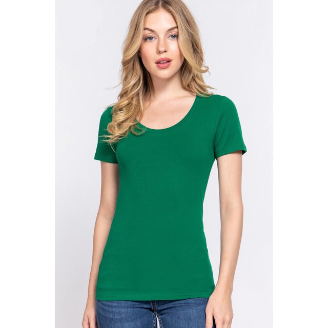 ACTIVE BASIC) Sexy Scoop Neck Short Sleeve T Shirt Stretch Cotton Tee ...