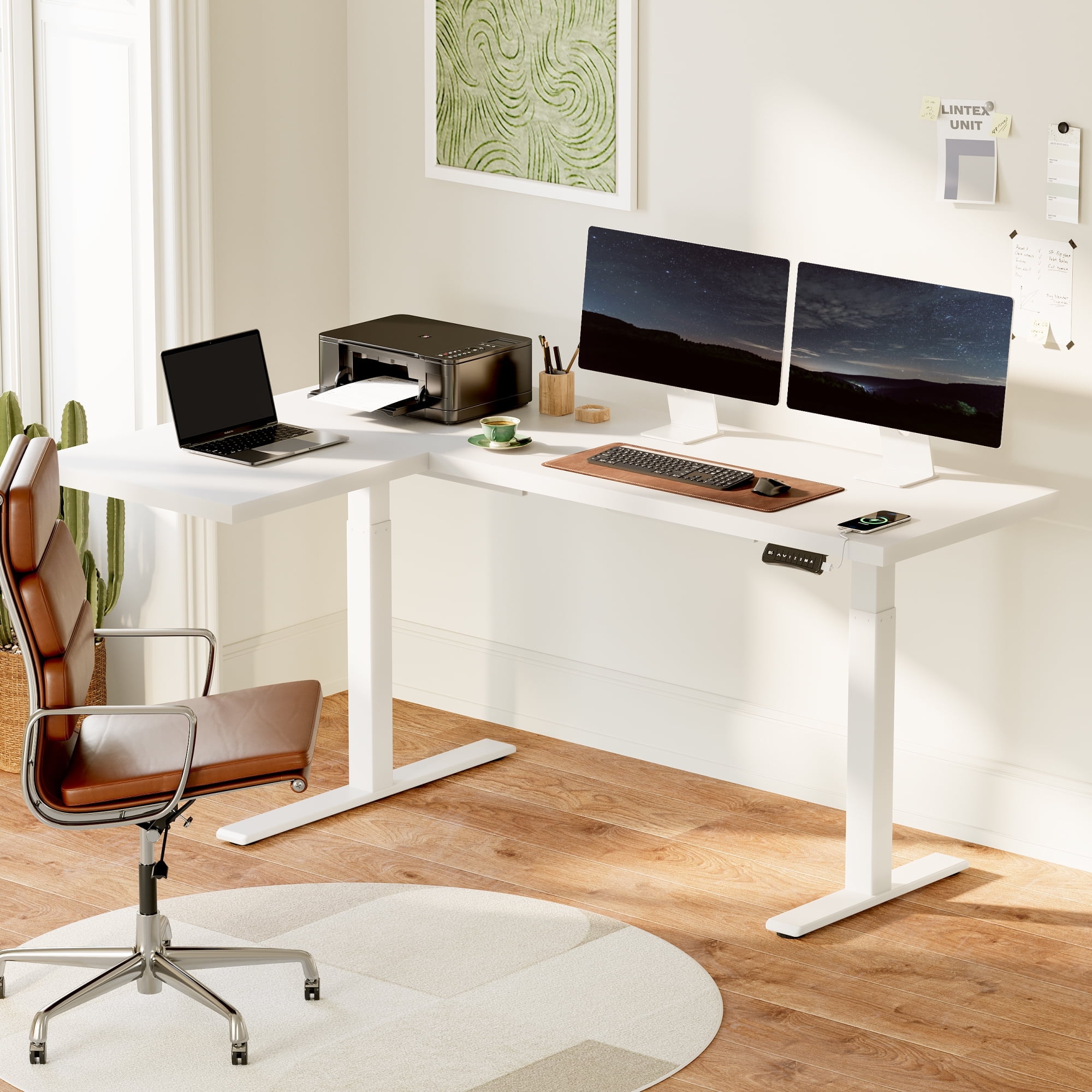 FLEXISPOT 71 x48 L Shaped Height Adjustable Standing Desk Dual Motor Corner Desk White Computer Desk with Splice Board