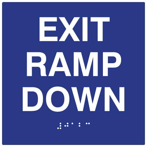 ADA Compliant Exit Ramp Down Sign with Text and Braille - 6x6 (Blue ...