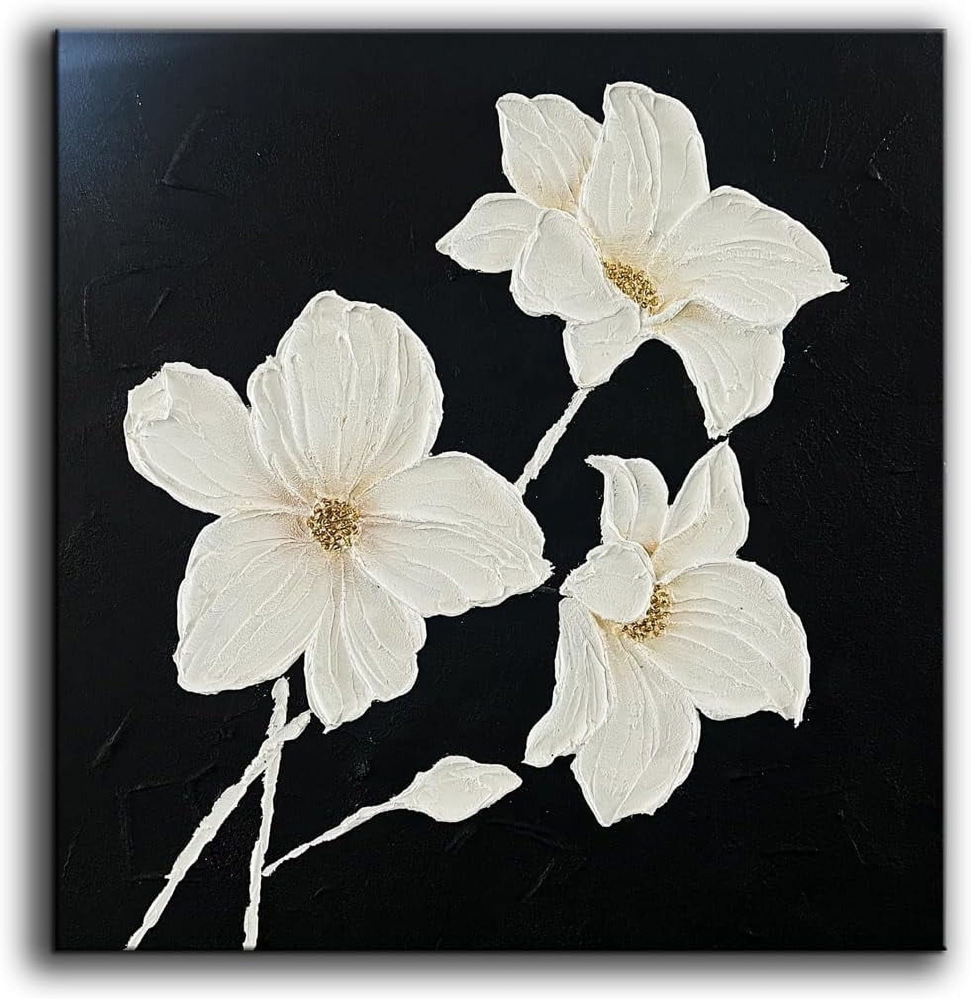ADALE 24x24 Black & White Floral Oil Patg on Canvas, Hand-Pated Thick ...
