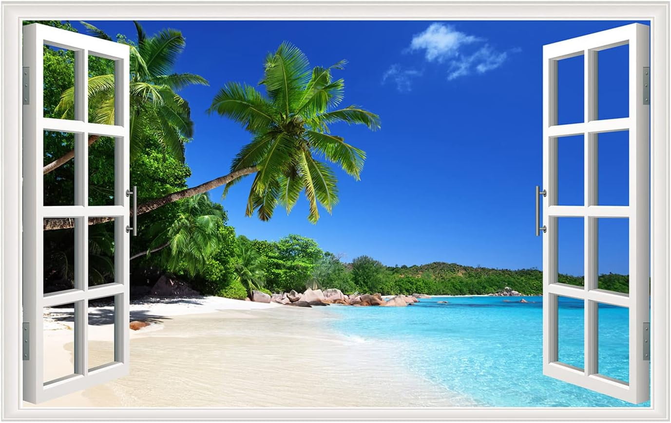 ADALE 3D Beach Fake Window Wall Arts Tropical Island with Palm Trees ...