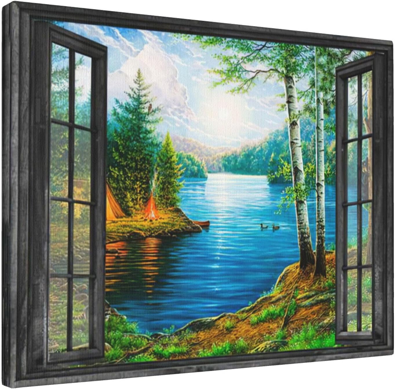 ADALE 3D Fake Windows Wall Art Peaceful Lake Sunshine Through the Woods ...
