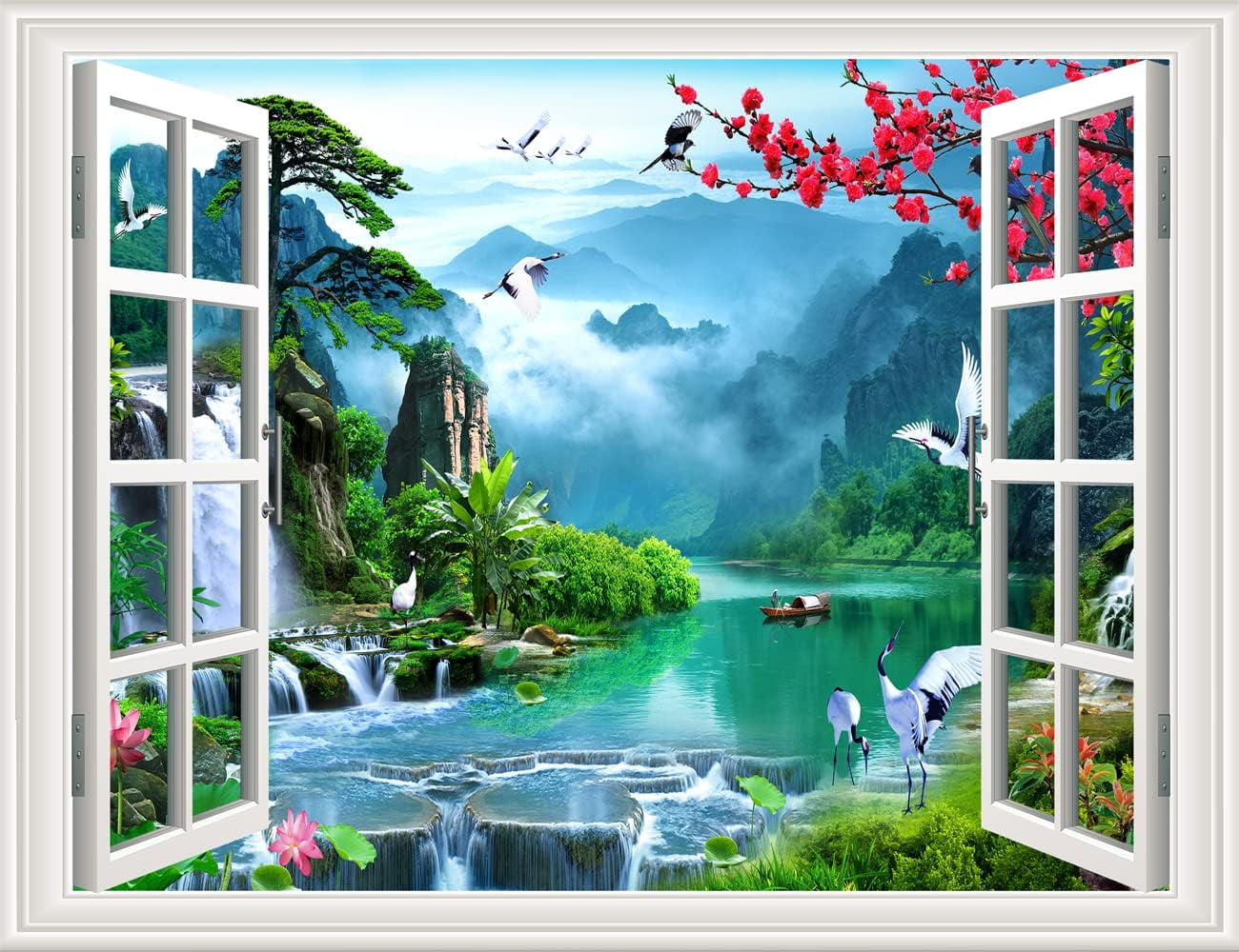 ADALE 3D Self-Adhesive Painting Fake Window Wall Arts Tropical Island ...