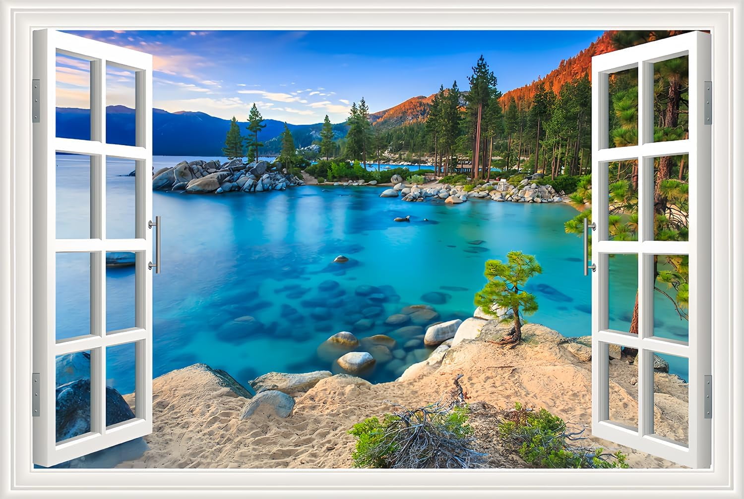 ADALE 3D Self-Adhesive Painting Fake Window Wall Arts Tropical Island ...