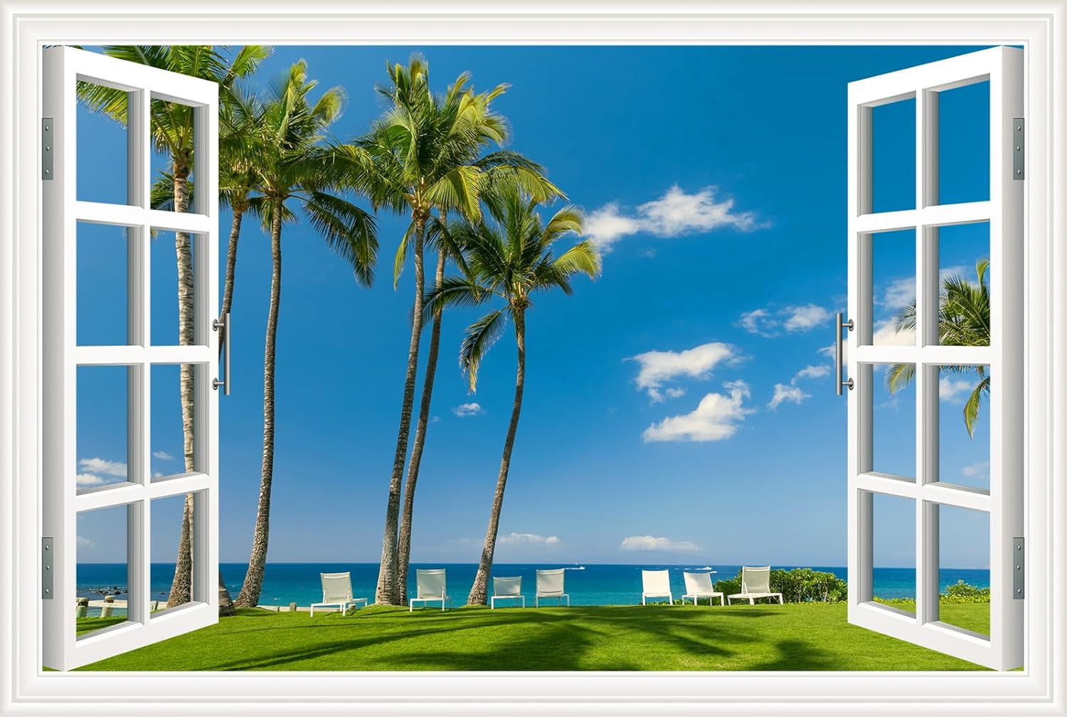 ADALE 3D Self-Adhesive Painting Fake Window Wall Arts Tropical Island ...