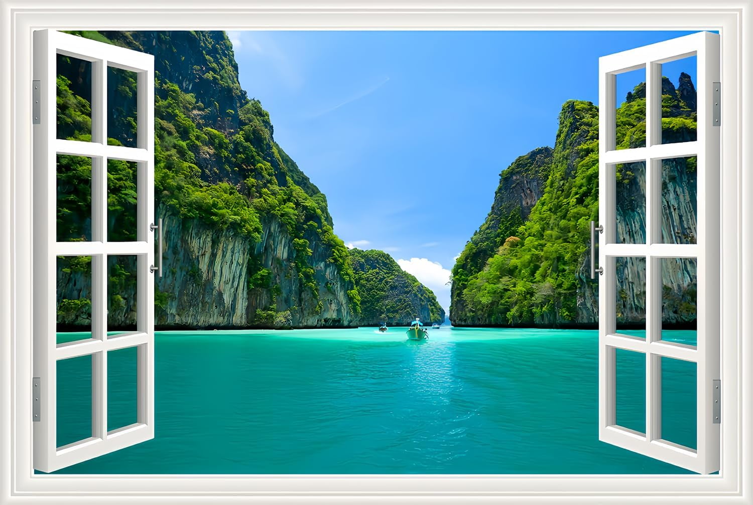 ADALE 3D Self-Adhesive Painting Fake Window Wall Arts Tropical Island ...