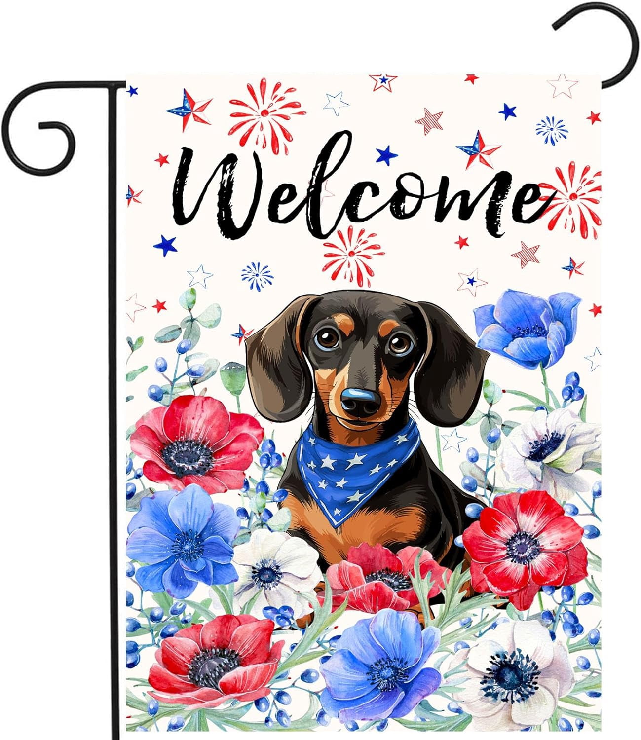 ADALE 4th of July Dachshund Garden Flag Red White Blue Floral Weiner ...