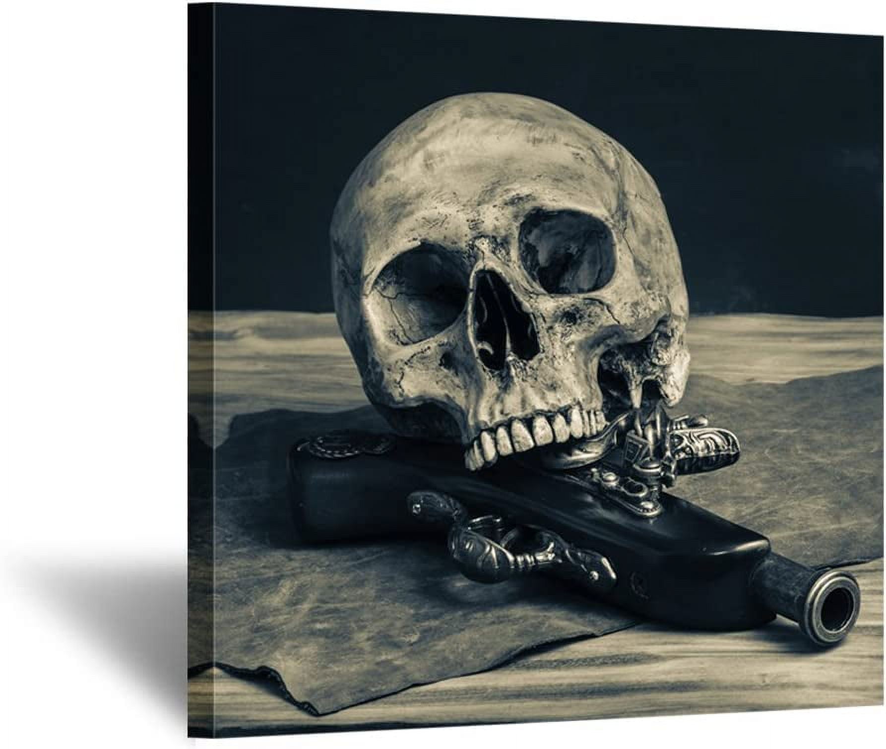 ADALE - Abstract Skull with a Gun Wall Art Canvas Patg Vtage Poster ...
