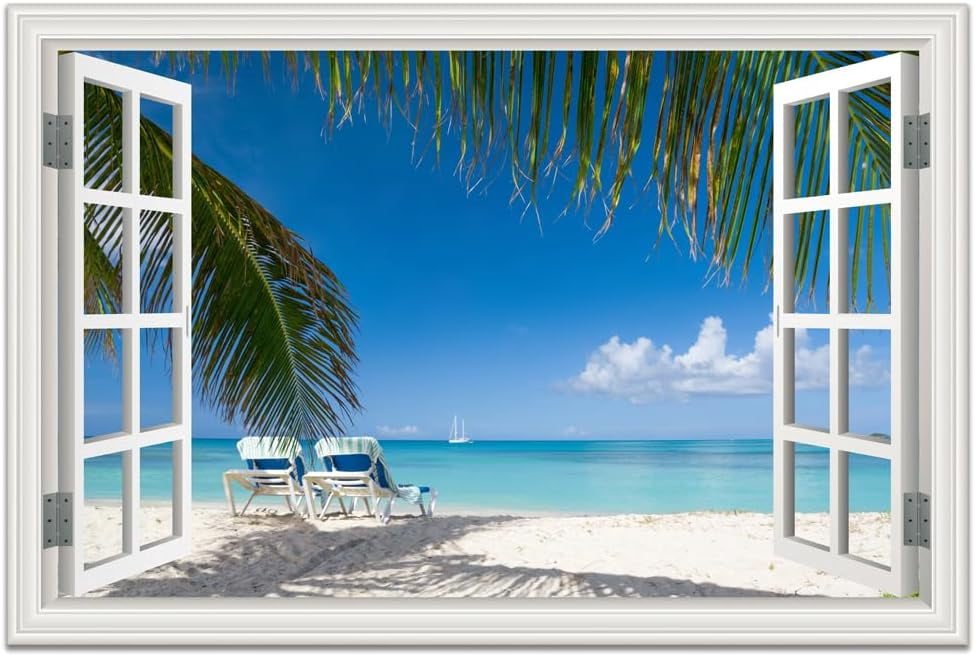 ADALE Beach Ocean Wall Art Picture Decor Fake Window Frame Style Canvas ...