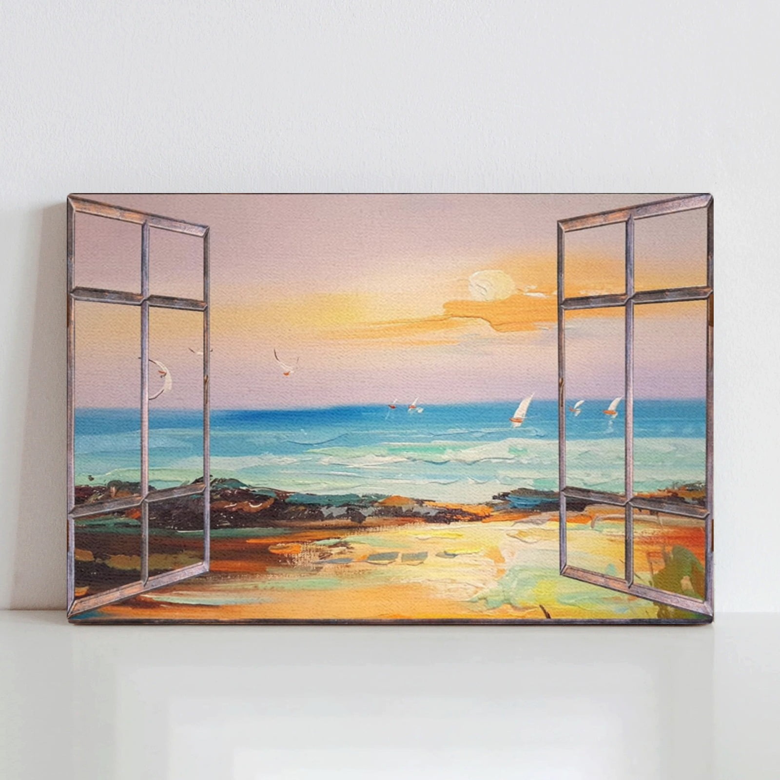 ADALE Beach Pictures Sunset Ocean Landscape Wall Art Window Frame Style ...