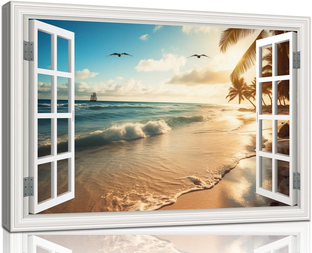 ADALE Beach Pictures Wall Art Decor Ocean Wall Art Painting Fake Window ...