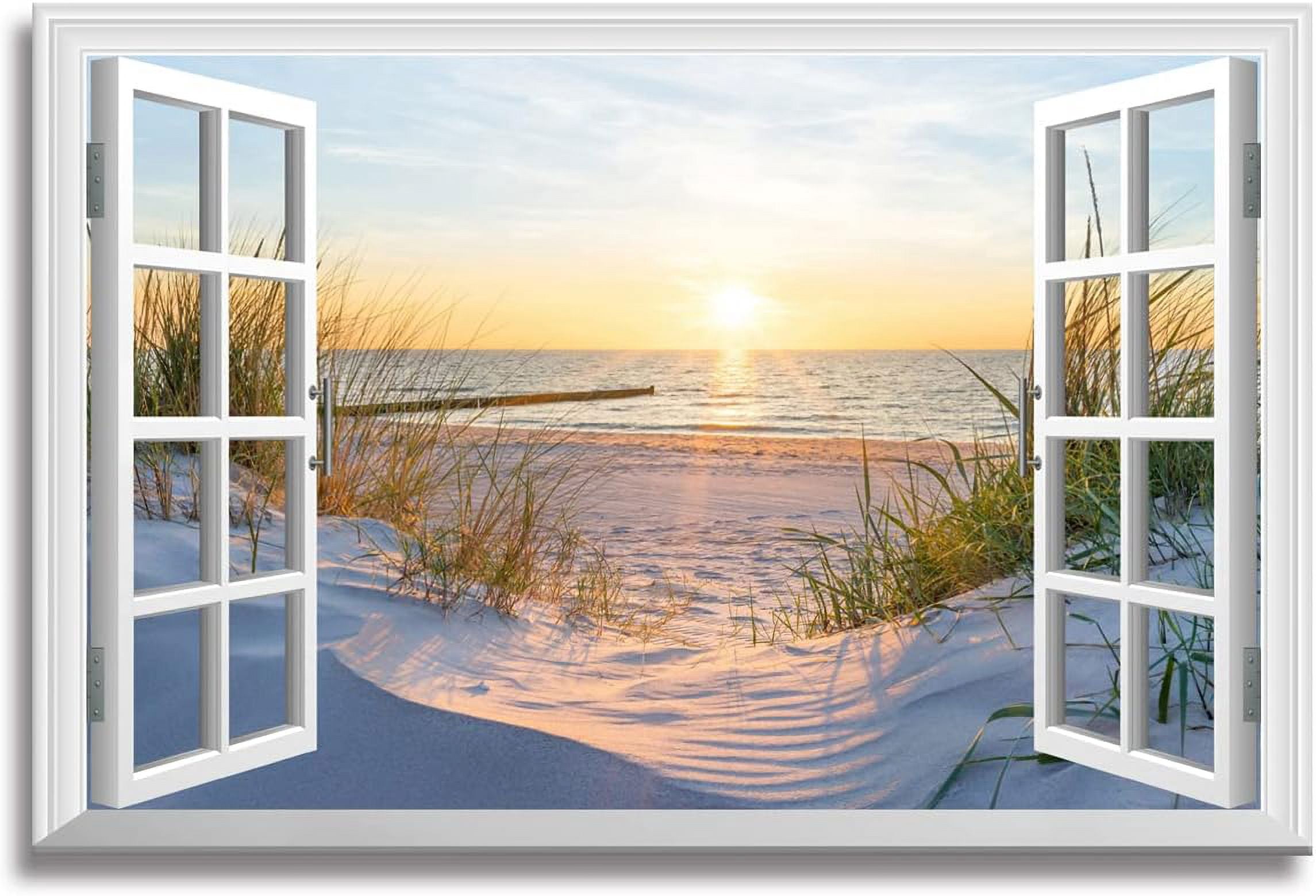 ADALE Beach Sunset Picture Wall Art Fake Open Window Ocean Natural ...
