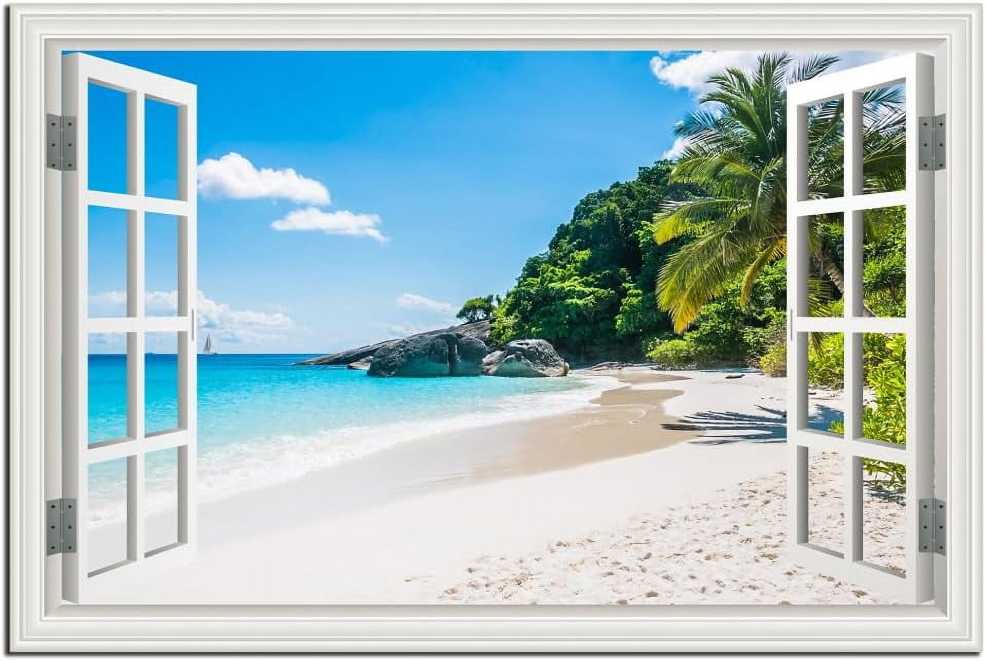 ADALE Beach Wall Art Pictures Decor Fake White Window Blue Ocean Canvas ...