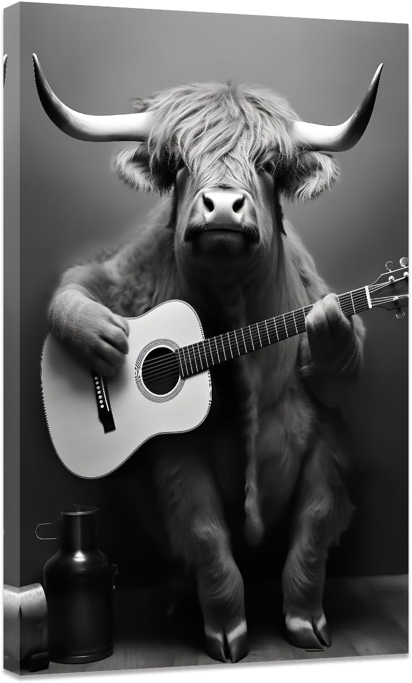 ADALE Black and White Cow Wall Art Highland Cow Playing Guitar Poster ...