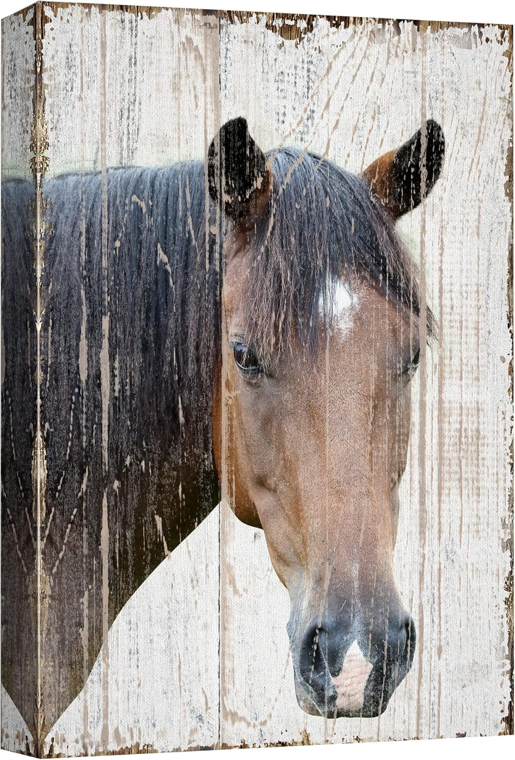 ADALE Canvas Print Wall Art Horse Portrait on Distressed Wood Panels ...