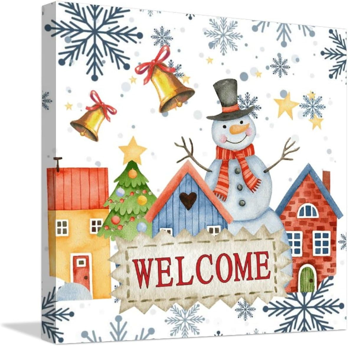 ADALE Christmas Welcome Canvas Print Winter Snowman Bell Canvas Wall ...