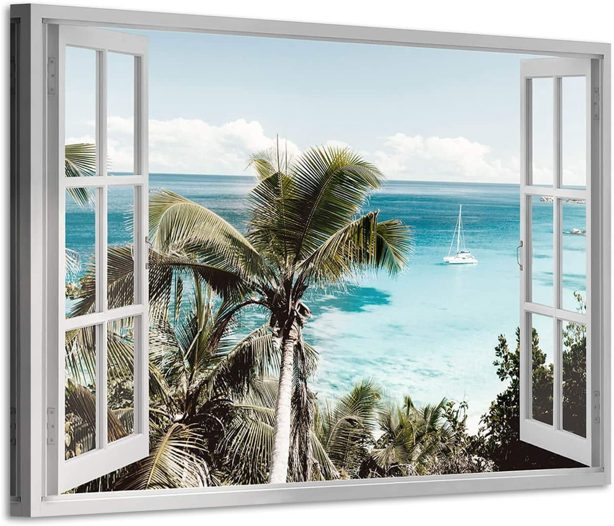 ADALE Fake Window Ocean Wall Art: Open Window Tropical Palm Trees Beach ...