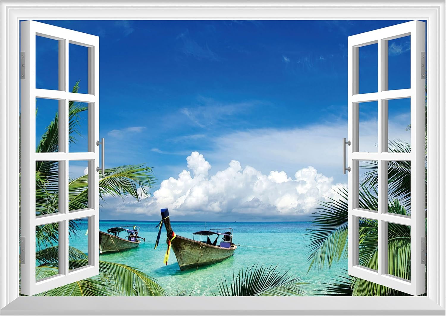 ADALE Fake Window Wall Art Boats on The Coast Faux Window Wall Mural ...