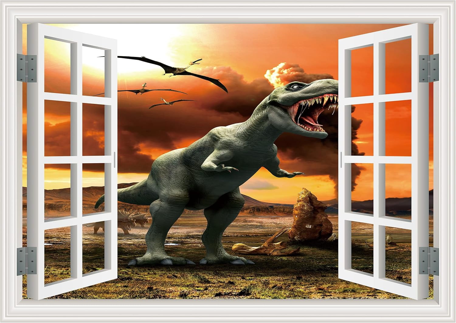 ADALE Fake Window Wall Art Dinosaurs Faux Window Wall Mural Print ...