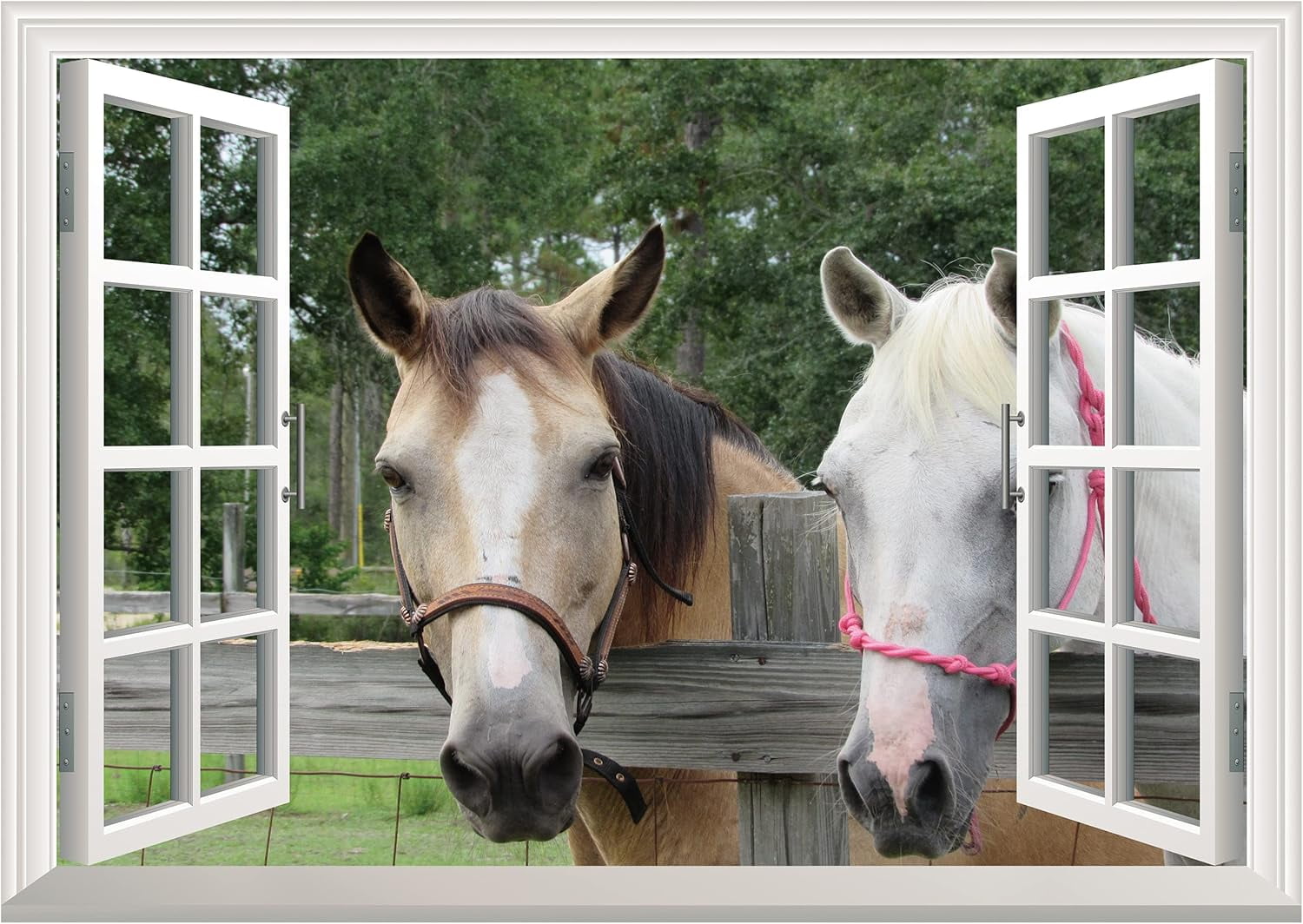 ADALE Fake Window Wall Art Horse Faux Window Wall Mural Print Painting ...