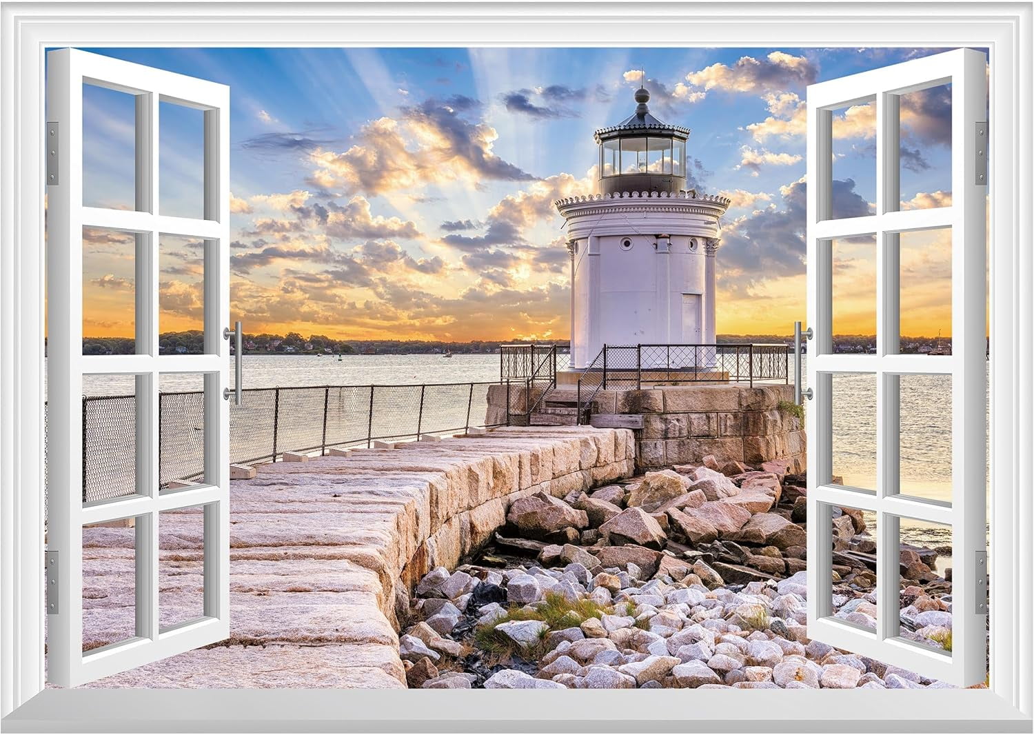 ADALE Fake Window Wall Art Shoreline Lighthouse Faux Window Wall Mural Print Painting Posters ...