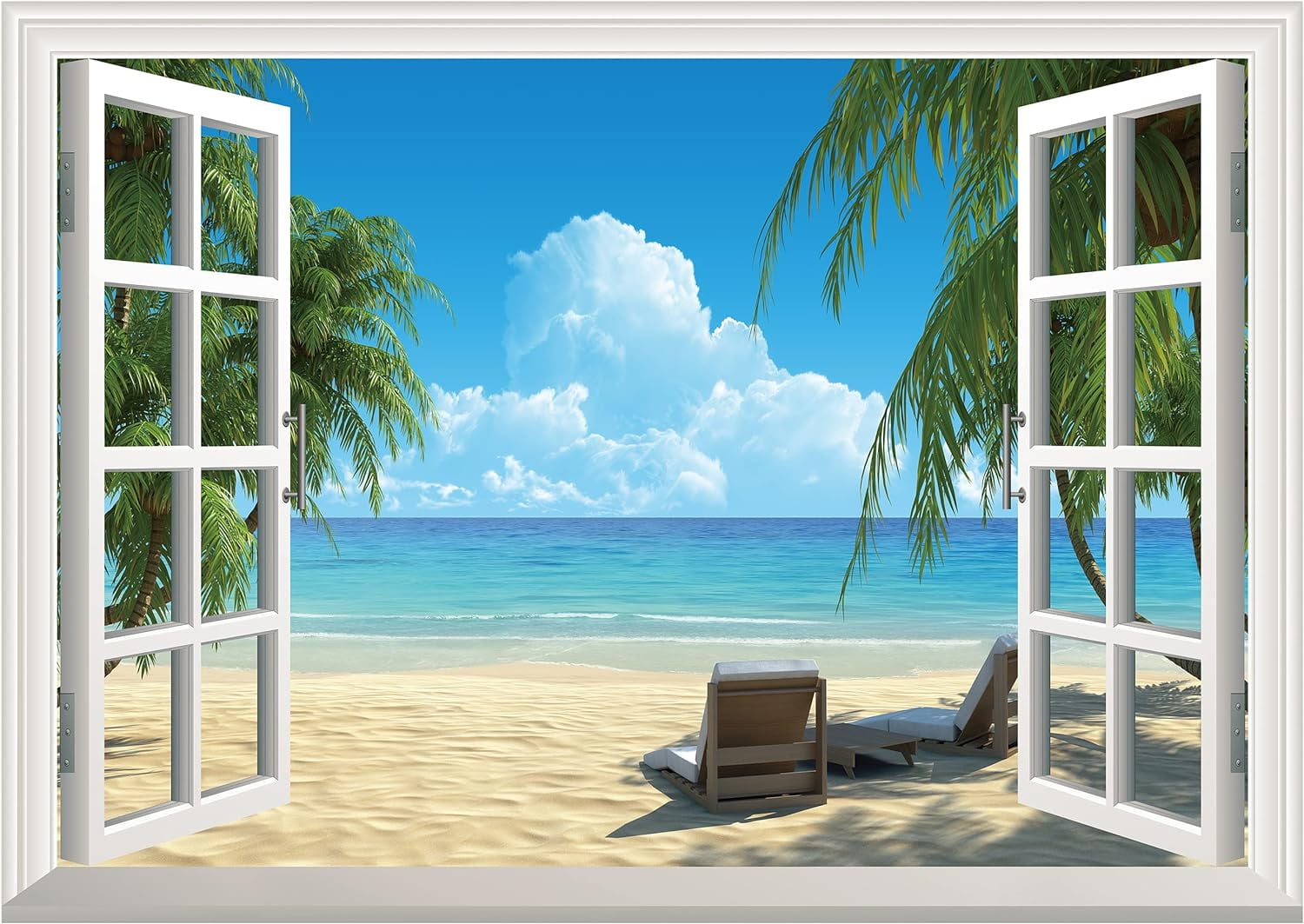 ADALE Fake Window Wall Art Summer Beach Faux Window Wall Mural Print ...