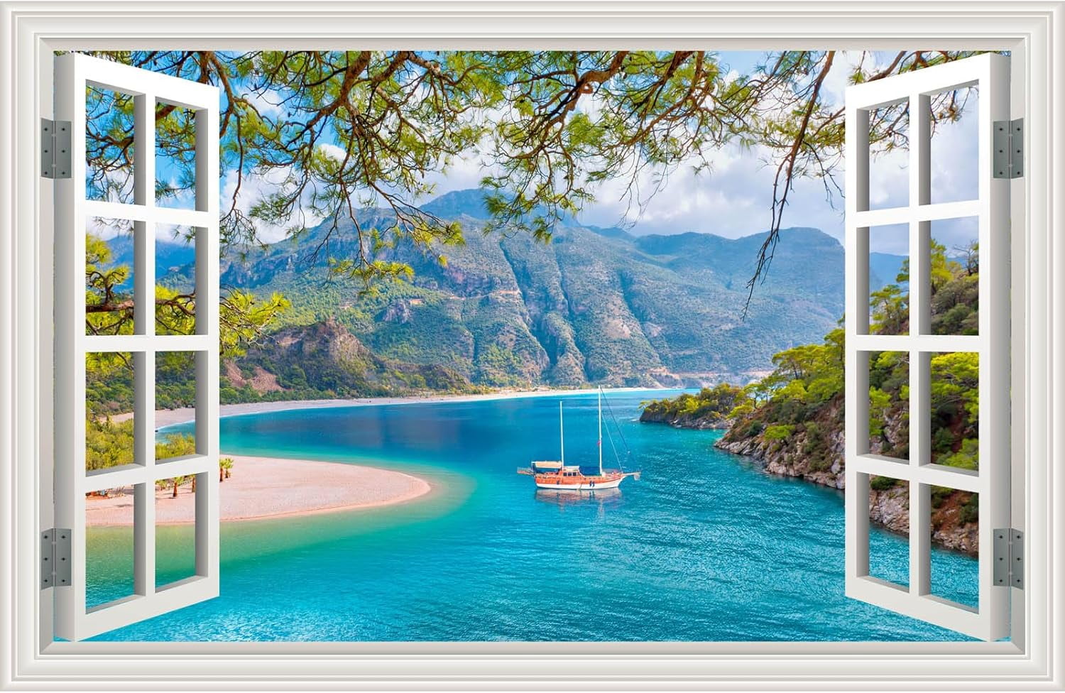 ADALE Fake Window Wall Art Summer Forest Mountain Trees Lake Faux ...