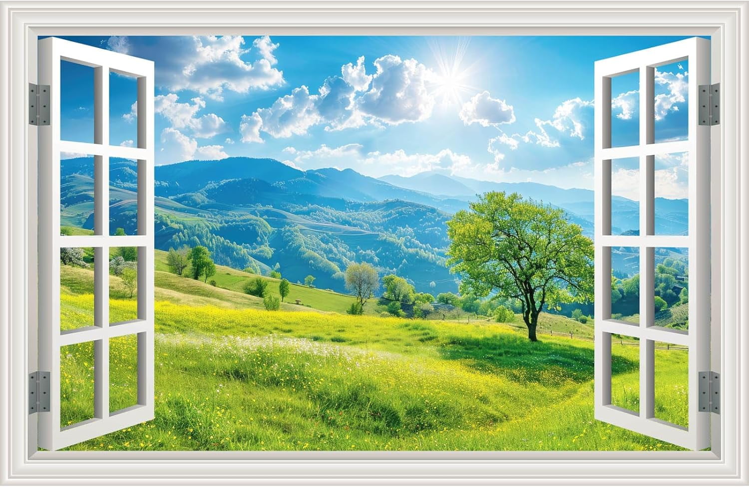 ADALE Fake Window Wall Art Summer Green Mountain Forest Tree Faux ...