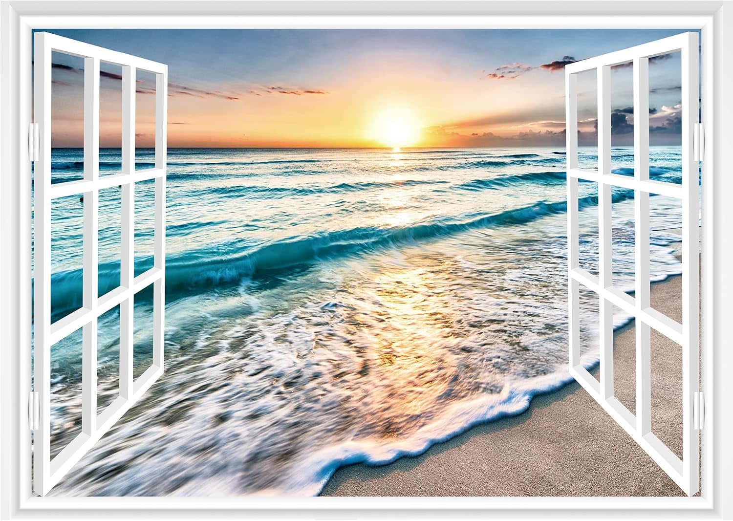 ADALE Fake Window Wall Art Sunset Beach Faux Window Wall Mural Print ...