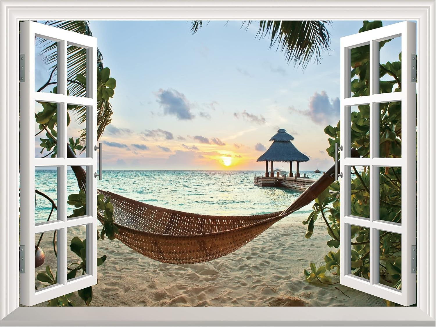 ADALE Fake Window Wall Art Sunset Beach Faux Window Wall Mural Print ...