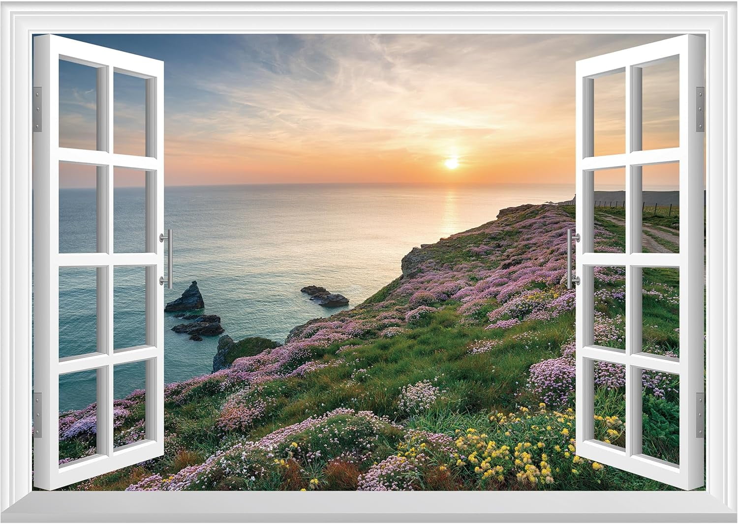 ADALE Fake Window Wall Art Sunset Over The Sea Faux Window Wall Mural ...