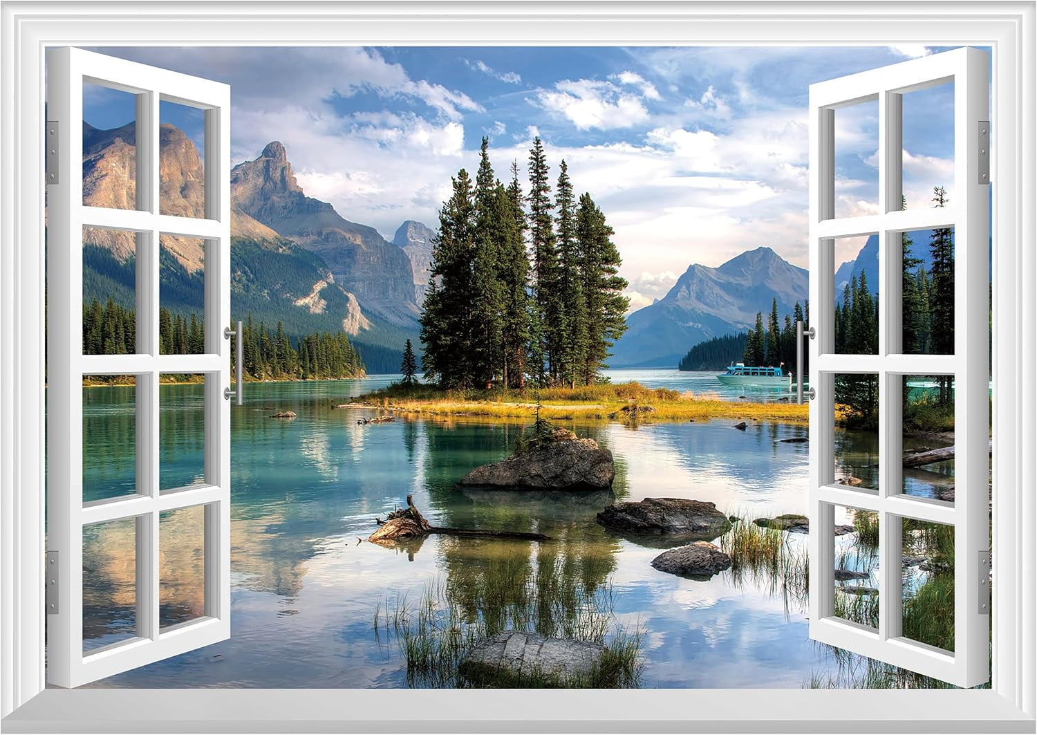 ADALE Fake Window Wall Decor Trees in The Lake Faux Window Wall Mural ...