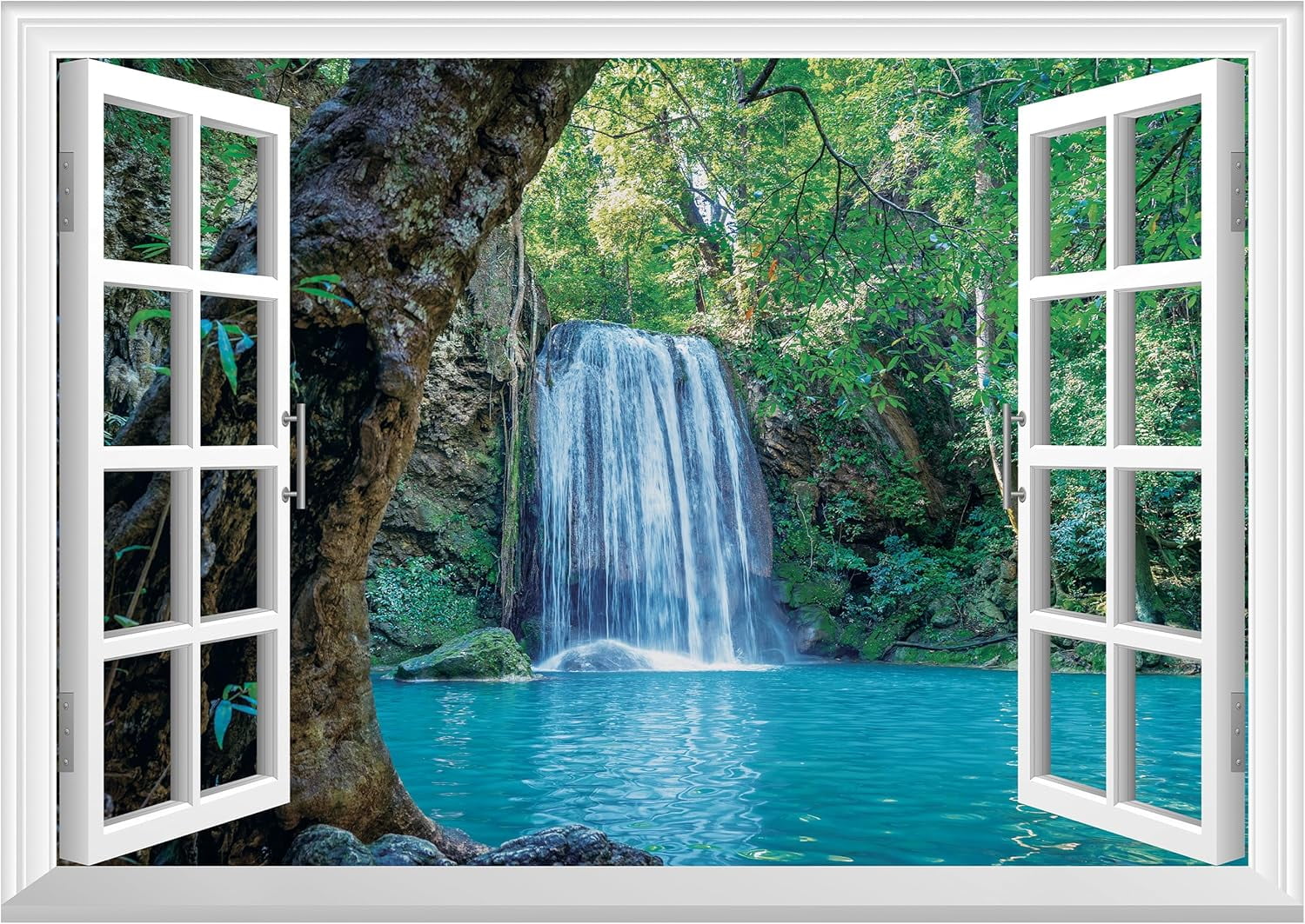ADALE Fake Window Wall Decor Waterfall and Lake in The Jungle Faux ...