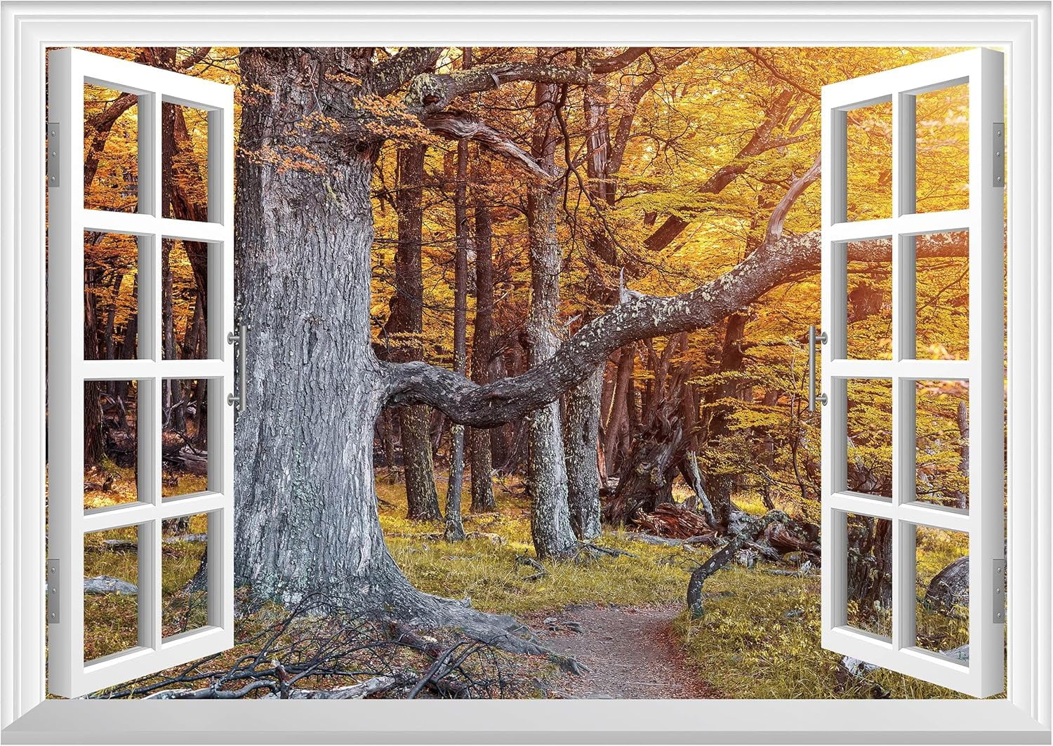 ADALE Fake Window Wall Mural Print Painting Posters Fall Jungle Faux ...