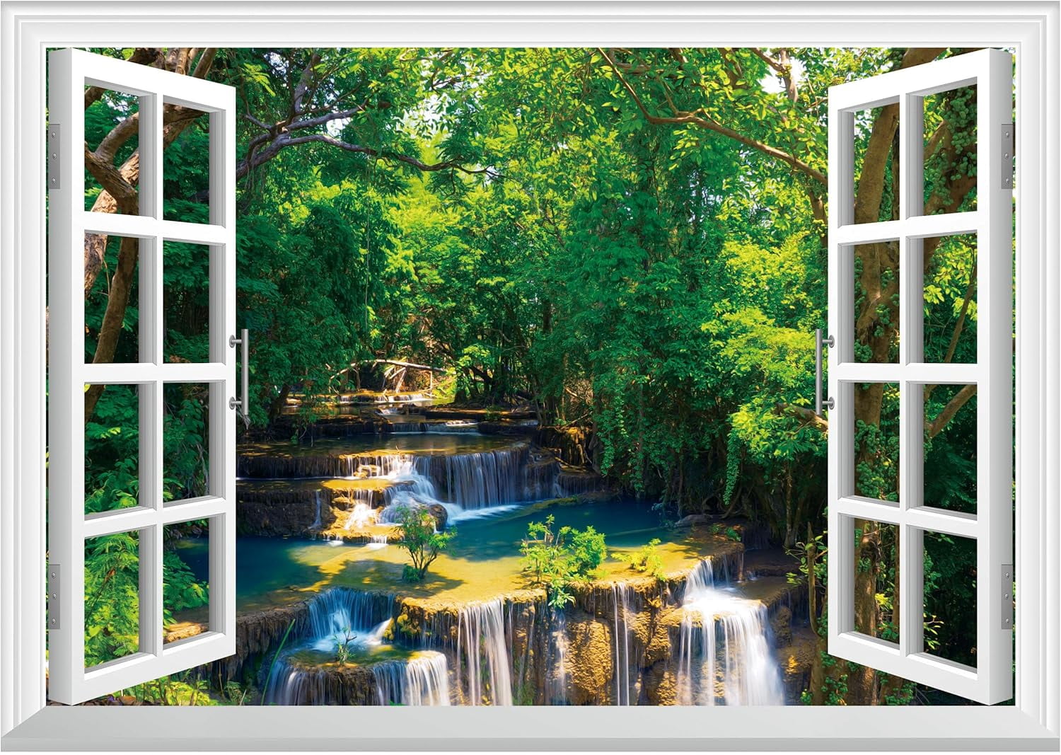 ADALE Fake Window Wall Mural Print Painting Posters Jungle Waterfall ...
