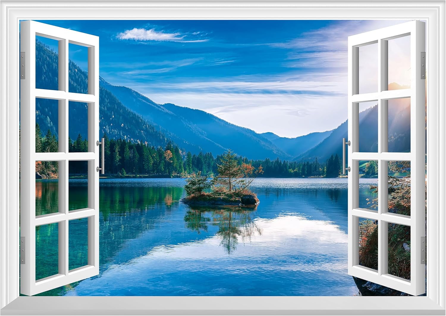 ADALE Fake Window Wall Mural Print Painting Posters Mountain Lake Faux ...