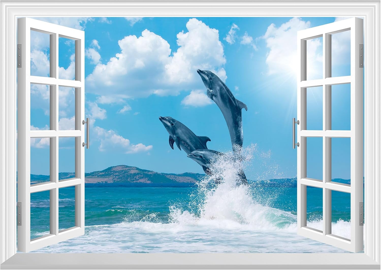 ADALE Fake Window Wall Mural Print Painting Posters Ocean Dolphins Faux ...
