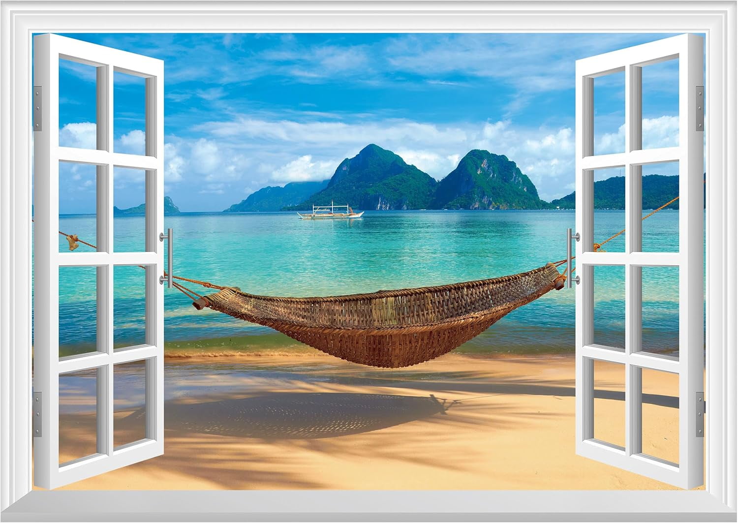ADALE Fake Window Wall Mural Print Painting Posters Shore Hammock Faux ...